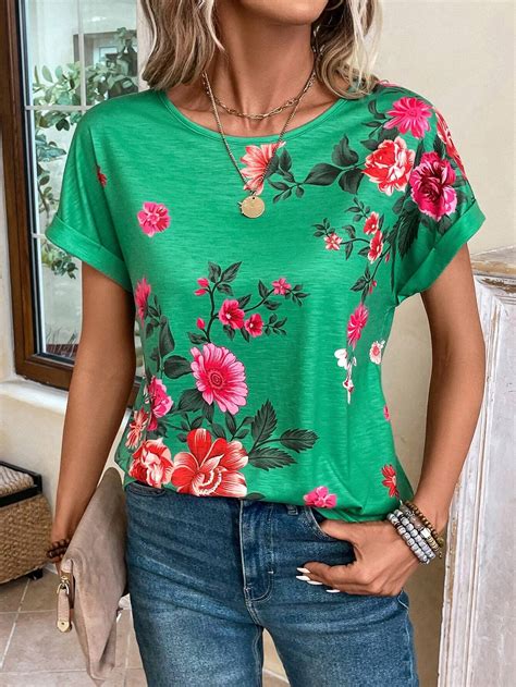 EMERY ROSE Impressão Floral Manga De Asa De Morcego Camiseta SHEIN Brasil