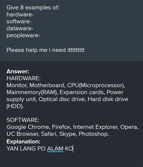 Give Examples Of Hardware Software Dataware Peopleware Please Help