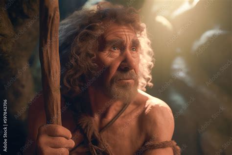 Caveman With Wooden Spear At Cave Entrance A Portrait Of A Prehistoric
