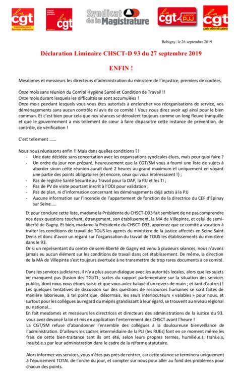 Declaration Liminaire Au CHSCTD De Seine Saint Denis CGT Insertion