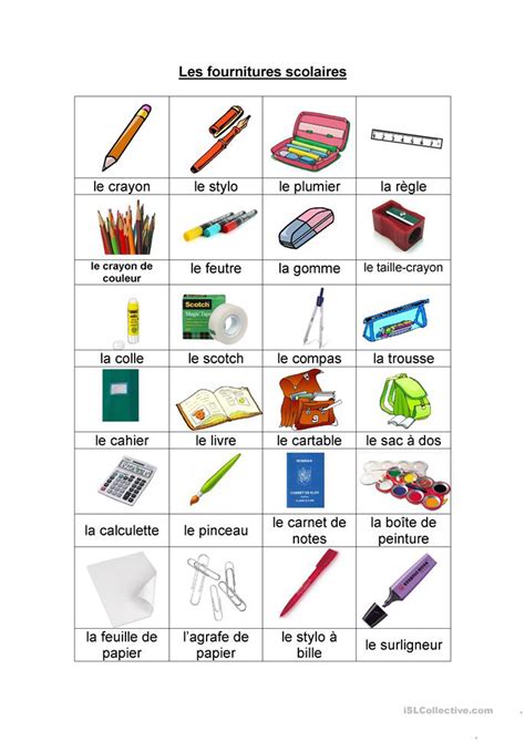 les fournitures scolaires Français Fle Fiches Pedagogiques