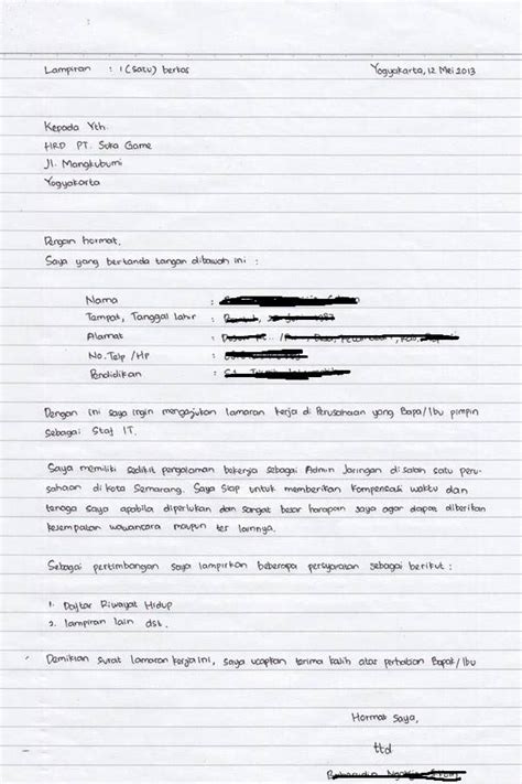 Contoh Surat Lamaran Kerja Tulis Tangan