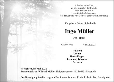 Traueranzeigen von Inge Müller rz trauer de