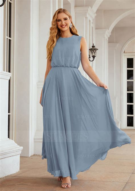 A Line Scoop Neck Chiffon Long Floor Length Bridesmaid Dress
