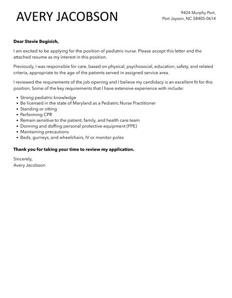Pediatric Nurse Cover Letter Velvet Jobs