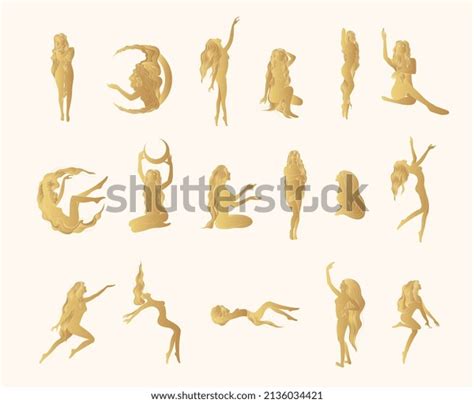 Celestial Naked Female Golden Silhouettes Different Stock Vector