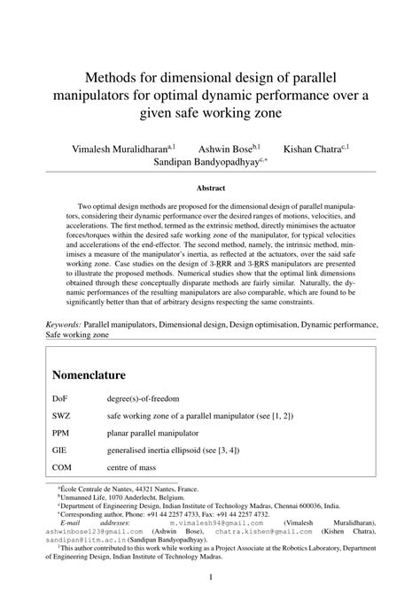 pdf methods for dimensional design of parallel manipulators for optimal dynamic performance