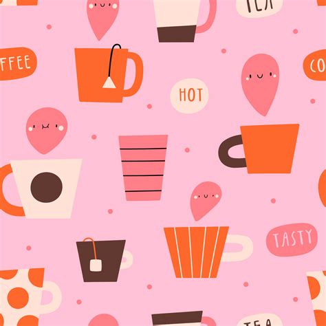 Cute Seamless Pattern With Different Coffee And Tea Cups Hot Beverage