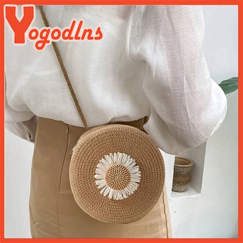 Yogodlns Summer Round Straw Women Rattan Woven Shoulder Bag Handmade