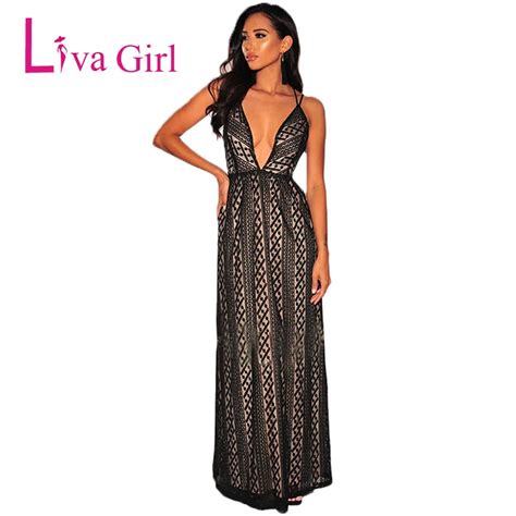 Liva Girl Nude Illusion Lace Backless Evening Party Maxi Dress Women Sexy Deep V Neck Dresses