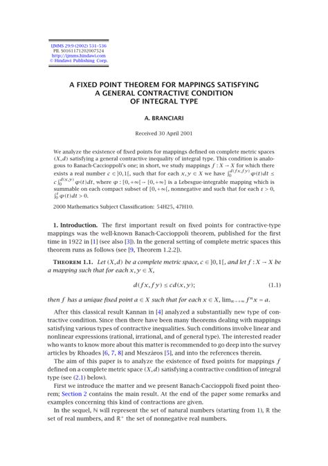 pdf a fixed point theorem for mapping satisfying a general contractive condition of integral type