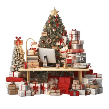 Christmas Interior With Desk With Piles Of Gifts And Folders With