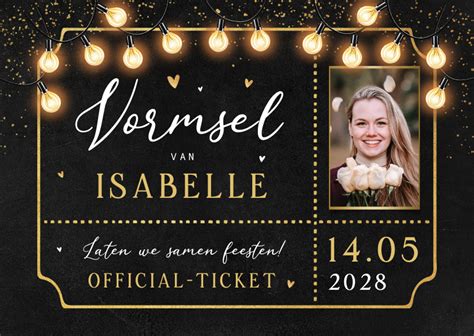 Vormsel Ticket Krijtbord Goud Lampjes Hartjes Kaartje2go
