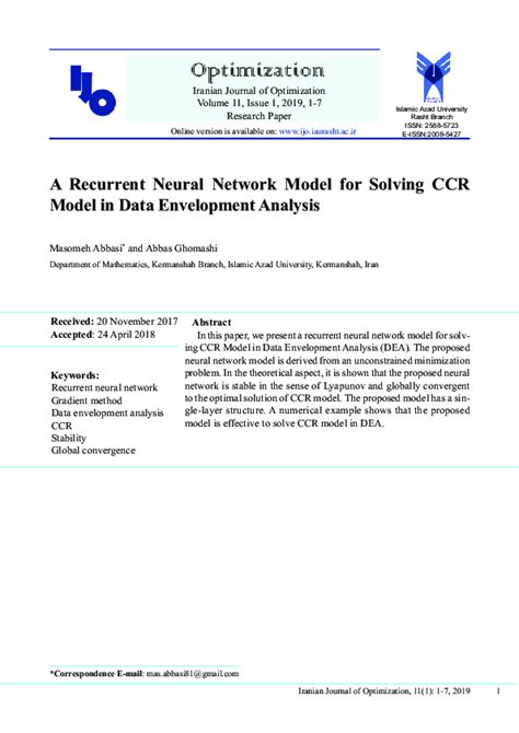 pdf a recurrent neural network model for solving ccr model in data envelopment analysis ab