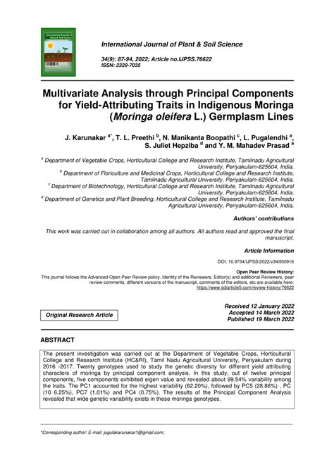 pdf multivariate analysis through principal components for yield attributing traits in