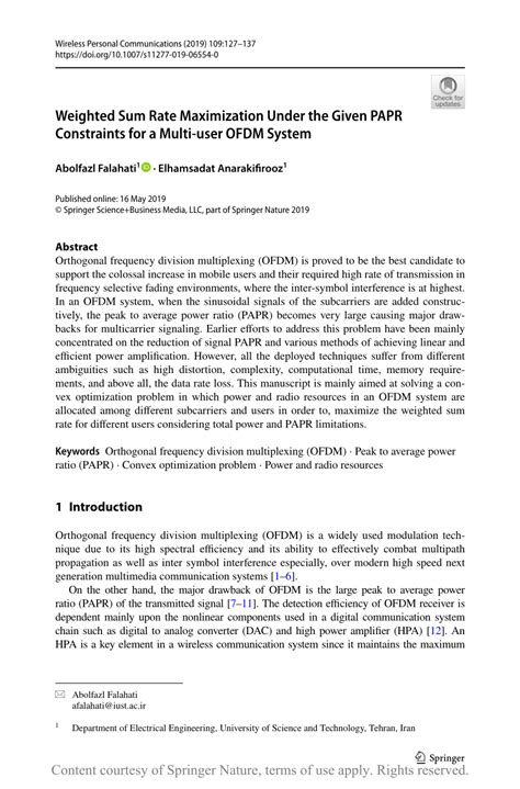weighted sum rate maximization under the given papr constraints for a multi user ofdm system