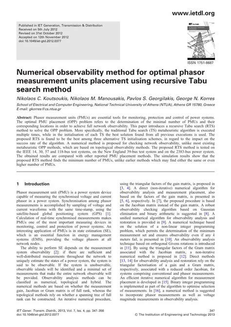 pdf numerical observability method for optimal phasor measurement units placement using