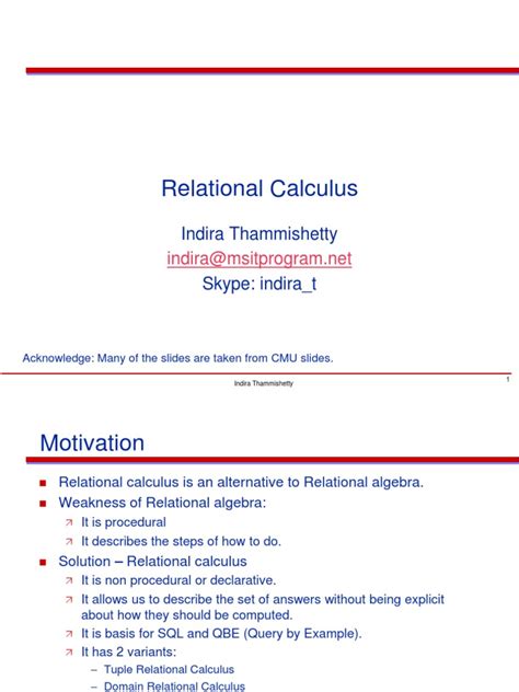 an introduction to relational calculus motivations tuple relational calculus domain