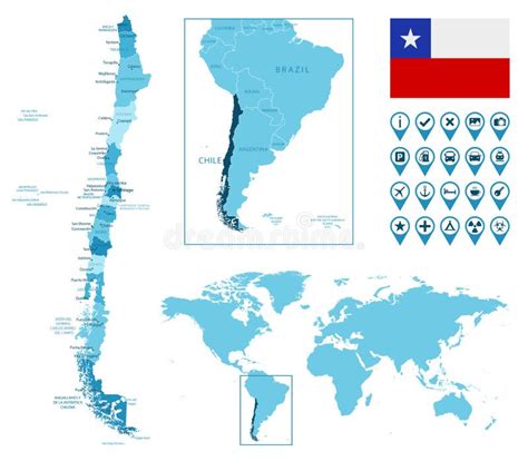 Chile Detallado Mapa Administrativo Azul Con La Bandera Del País Y La