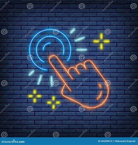 Vector Hand Click Button Press Finger Touch Neon Sign Vector