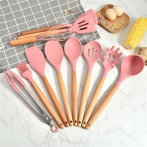 Kit 12 Peças Utensílios Cozinha Em Silicone Maciço E Cabos De Madeira