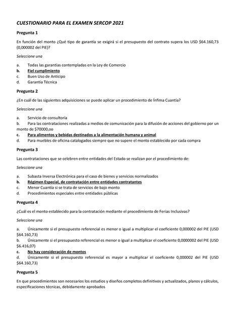 Cuestionario PARA EL Examen Sercop 2021 CUESTIONARIO PARA EL EXAMEN