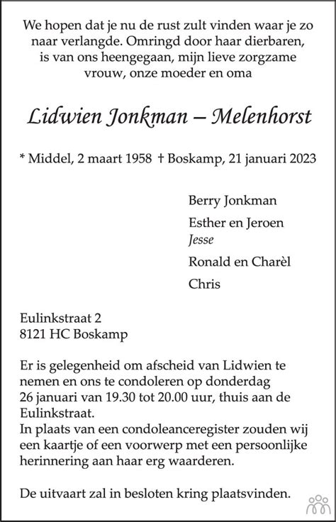 Lidwien Jonkman Melenhorst 21 01 2023 Overlijdensbericht En