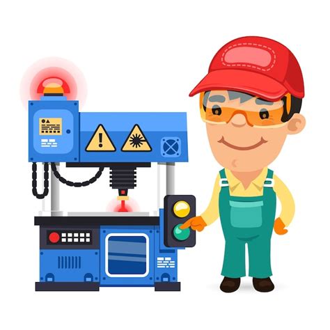 Trabajador de fábrica está trabajando en trazador láser Vector Premium