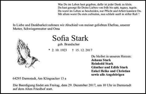 Traueranzeigen Von Sofia Stark Vrm Trauer De