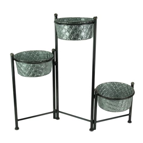 Transpac 3 Tier Folding Plant Stand With Galvanized Metal Planters TP