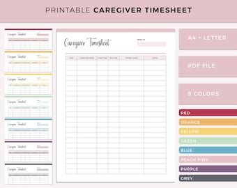 Printable Caregiver Timesheet Home Health Care Time Sheet Caregiver
