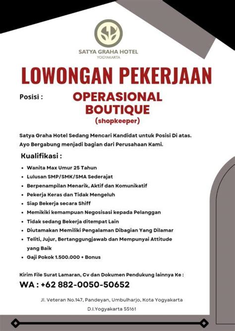 Lowongan Kerja Operasional Butik Di Satya Graha Hotel LokerJogja ID