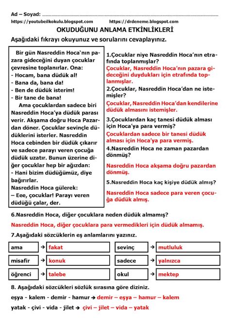 2 SINIF TÜRKÇE OKUDUĞUNU ANLAMA SORU CEVAP METİNLERİ 9 Okuduğunu