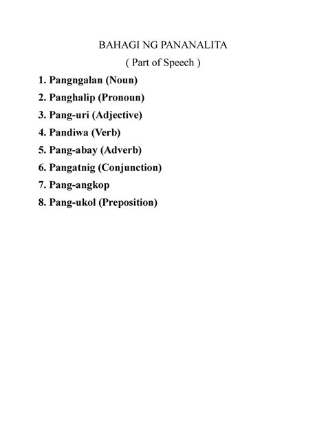Bahagi NG Pananalita BAHAGI NG PANANALITA Part Of Speech 1