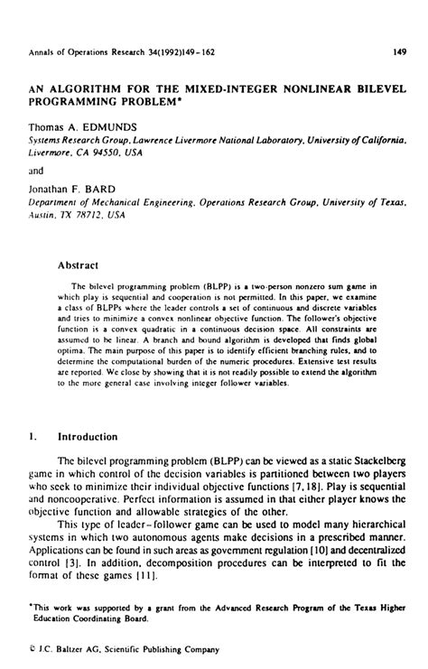 pdf an algorithm for the mixed integer nonlinear bilevel programming problem