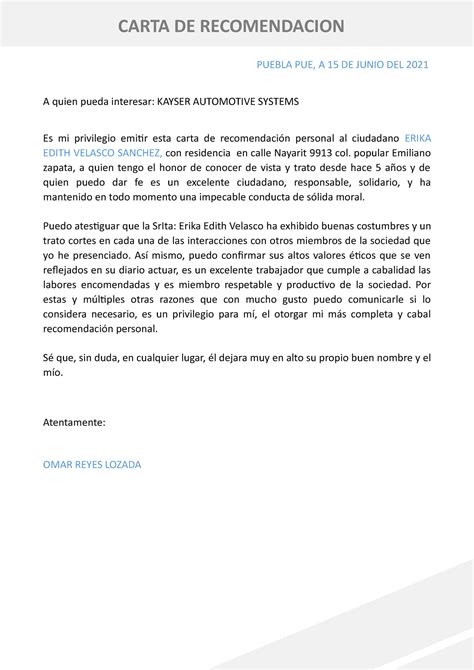 35 Carta De Recomendacion Personal PUEBLA PUE A 15 DE JUNIO DEL 2021