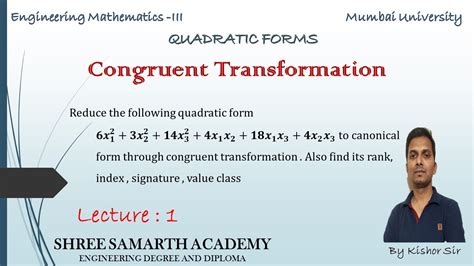 congruent transformation reduce quadratic form to canonical form index signature rank value
