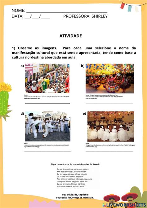Manifestações culturais worksheet Musicoterapia Aula de arte Notas