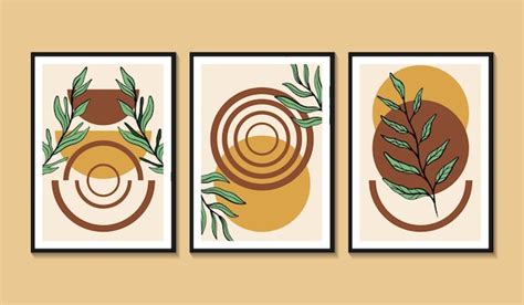 Folha de círculo de arte de parede boho desenhada à mão Vetor Premium