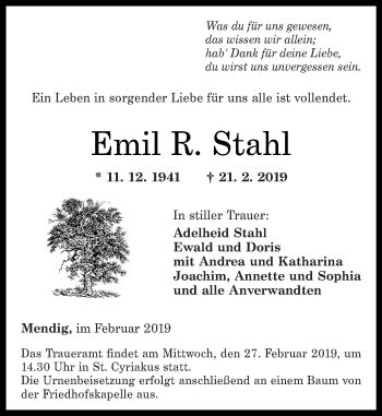 Traueranzeigen Von Emil R Stahl Rz Trauer De