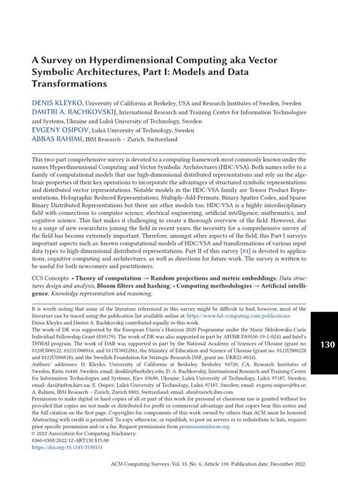 pdf a survey on hyperdimensional computing aka vector symbolic architectures part i models