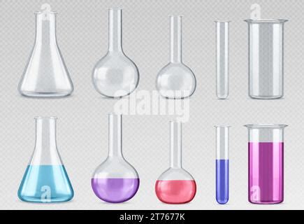 Matraces de vidrio para medición química llenos de líquido verde