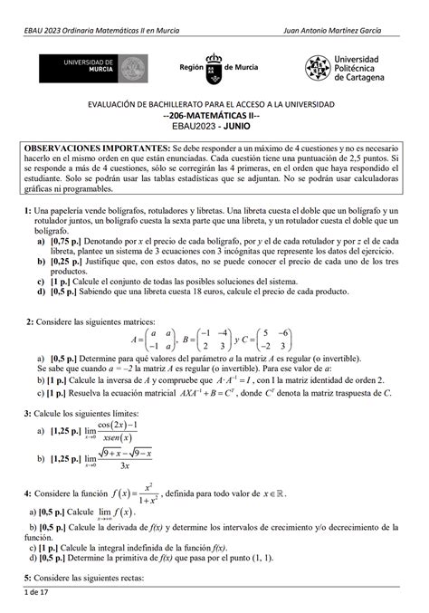 EBAU Matemáticas Murcia Exámenes y Soluciones 2024