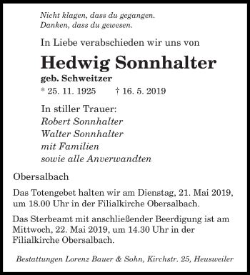 Traueranzeigen Von Hedwig Sonnhalter Saarbruecker Zeitung Trauer De