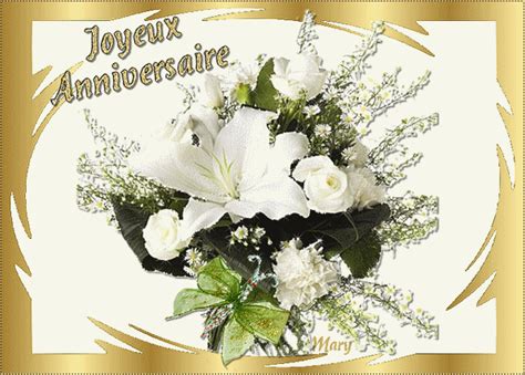 Joyeux Anniversaire Bouquet De Roses Blanches Fleurs Image Anim