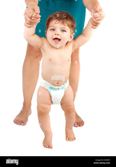 Picture Of Cute Baby Boy Making His First Step Naked Infant In Diaper