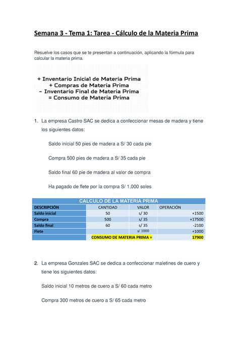 S3 tarea 3 Semana 3 Tema 1 Tarea Cálculo de la Materia Prima