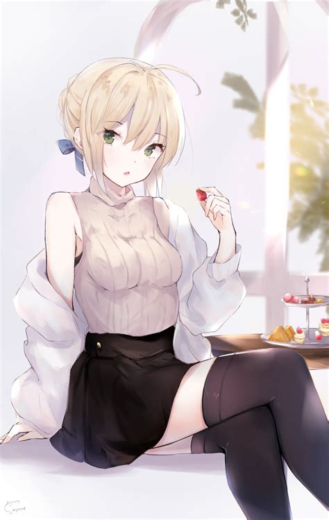 Safebooru 1girl Ahoge Arm Support Artoria Pendragon All Bangs Bare Shoulders Beige Sweater