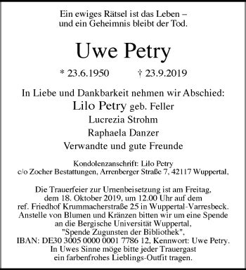Traueranzeigen Von Uwe Petry Trauer Und Gedenken