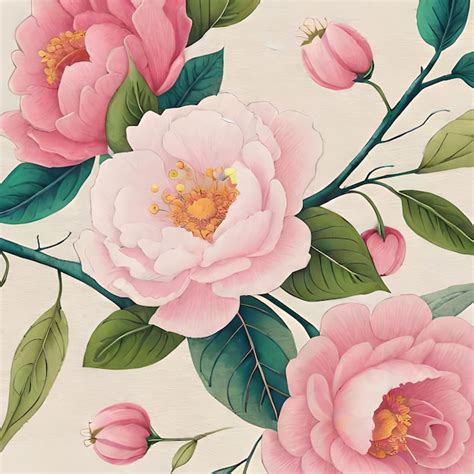 Un Papel Pintado Con Una Flor Rosa Y Hojas Verdes Foto Premium